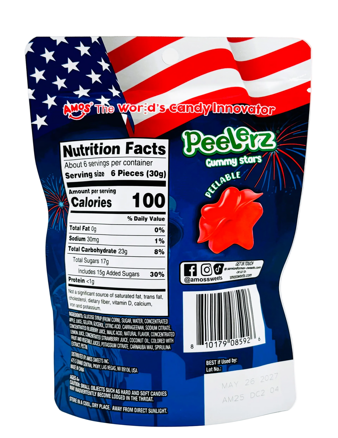 Amos Peelerz Gummy Star Red/White/Blue 6oz – Jack's Candy