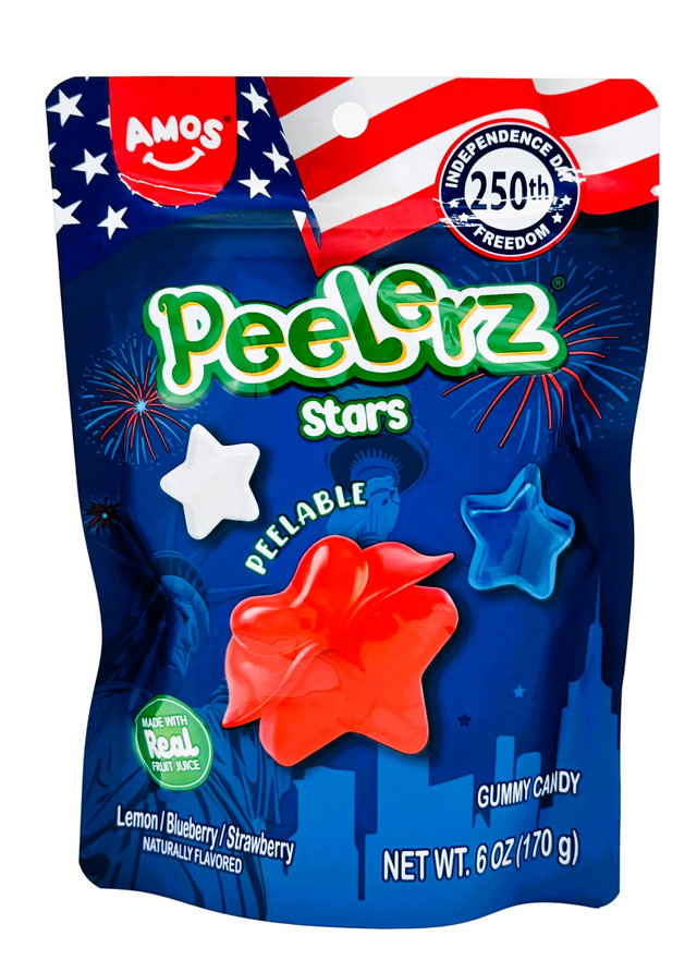 Amos Peelerz Gummy Star Red/White/Blue 6oz – Jack's Candy